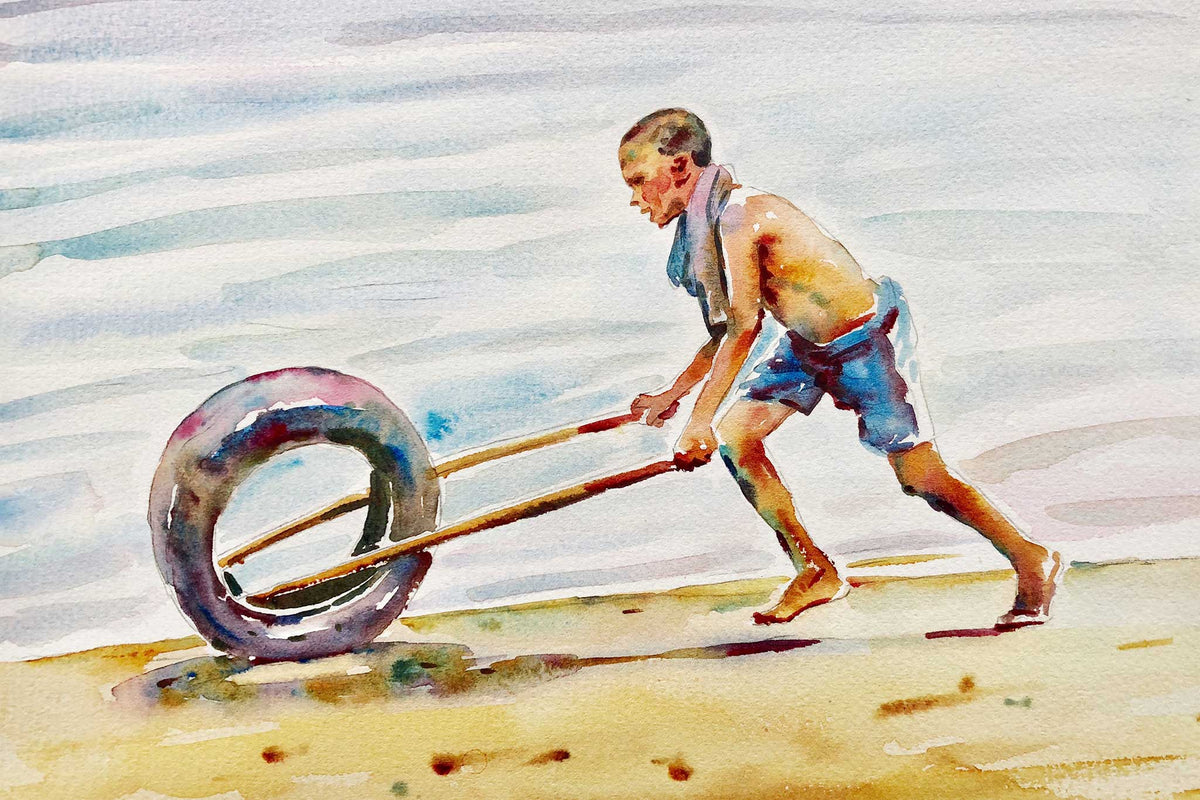 Boy Spinning Tyre - Preview – Graham Berry's Watercolour World